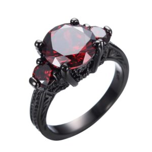 junxin® black gold round cut three-stone ruby diamond ring cubic zirconia size6/7/8/9/10(10)