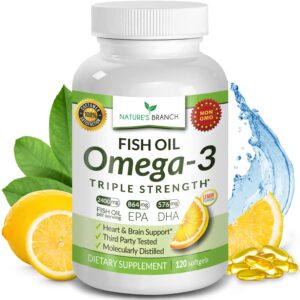 best triple strength omega 3 fish oil pills 2400mg | 120 capsules | burpless high potency lemon flavor | 864mg epa 576mg dha ultra pure liquid softgels | brain joints eyes hair heart health supplement