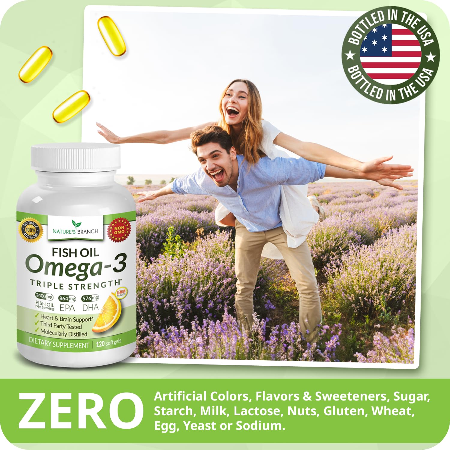 Best Triple Strength Omega 3 Fish Oil Pills 2400mg | 120 Capsules | Burpless High Potency Lemon Flavor | 864mg EPA 576mg DHA Ultra Pure Liquid Softgels | Brain Joints Eyes Hair Heart Health Supplement