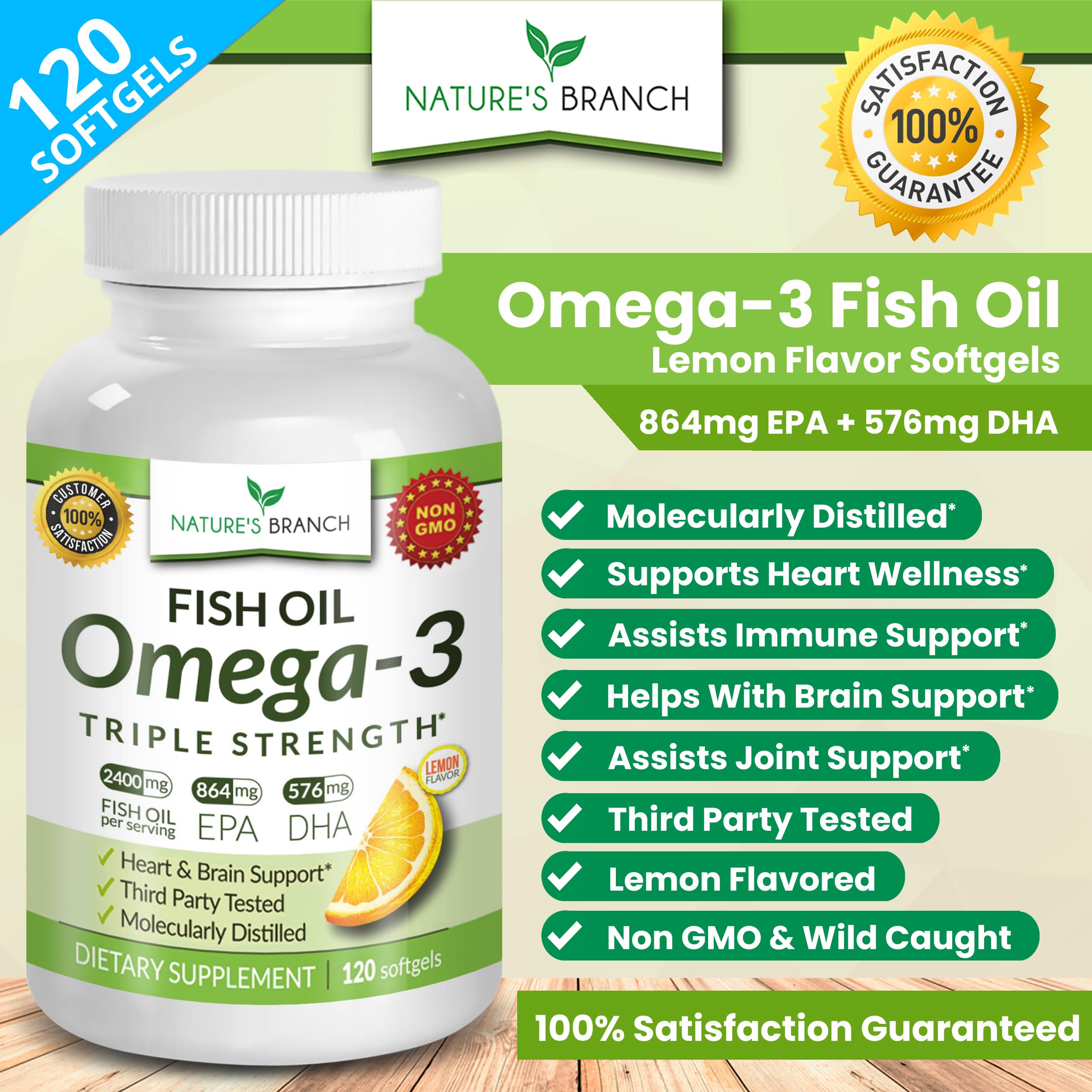 Best Triple Strength Omega 3 Fish Oil Pills 2400mg | 120 Capsules | Burpless High Potency Lemon Flavor | 864mg EPA 576mg DHA Ultra Pure Liquid Softgels | Brain Joints Eyes Hair Heart Health Supplement