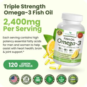 Best Triple Strength Omega 3 Fish Oil Pills 2400mg | 120 Capsules | Burpless High Potency Lemon Flavor | 864mg EPA 576mg DHA Ultra Pure Liquid Softgels | Brain Joints Eyes Hair Heart Health Supplement