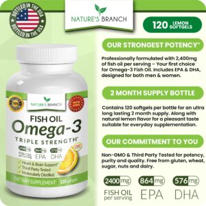 Best Triple Strength Omega 3 Fish Oil Pills 2400mg | 120 Capsules | Burpless High Potency Lemon Flavor | 864mg EPA 576mg DHA Ultra Pure Liquid Softgels | Brain Joints Eyes Hair Heart Health Supplement