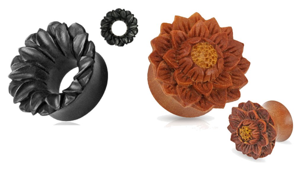 Zaya Body Jewelry 2 Pairs of Organic Jackfruit Areng Lotus Flower Wood Hand Carved Ear Plugs Tunnels Gauges 0g 00g 1/2 9/16 5/8 3/4 7/8 1 inch (1/2)