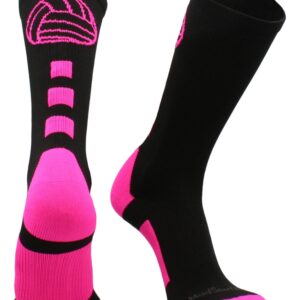 MadSportsStuff Volleyball Logo Crew Socks (Black/Neon Pink, Medium)