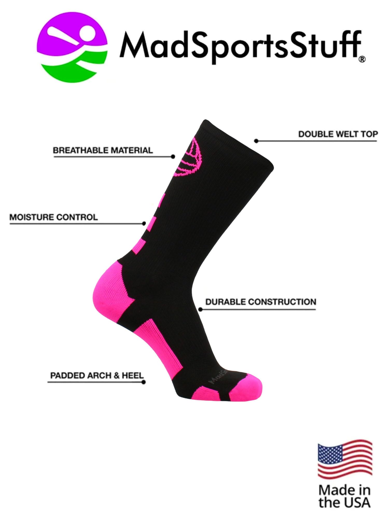 MadSportsStuff Volleyball Logo Crew Socks (Black/Neon Pink, Medium)