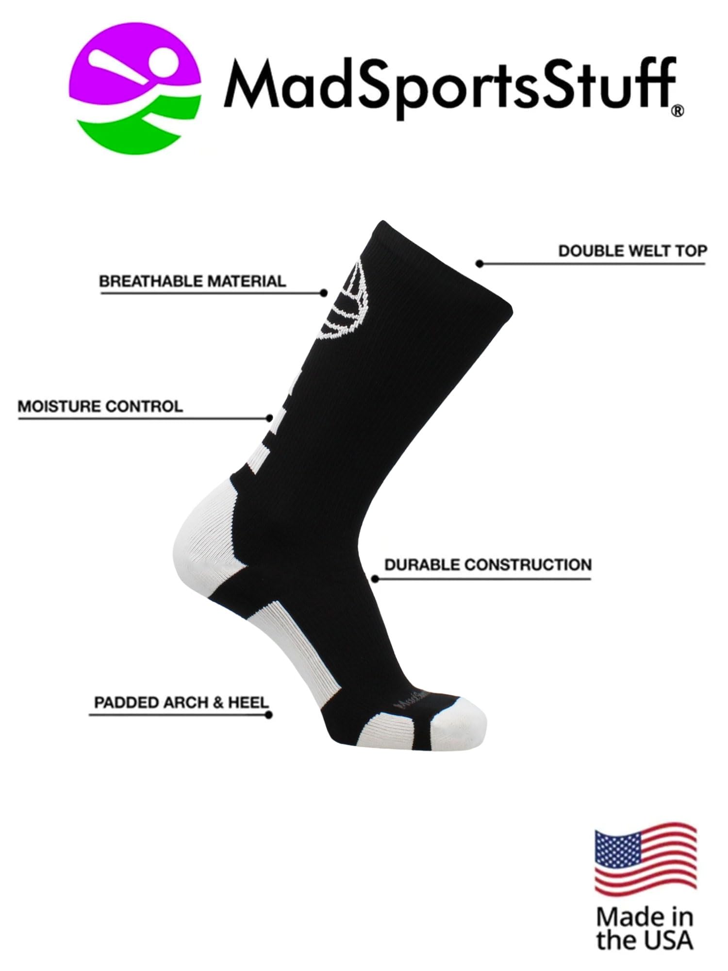 MadSportsStuff Volleyball Logo Crew Socks (Black/White, Medium)