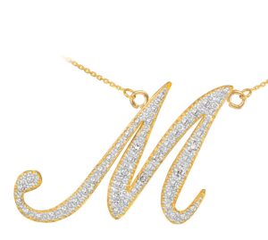 sideways crosses double-mounted 14k yellow gold diamond script initial letter m pendant necklace, 16"