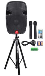 rockville ram12bt 12" rechargeable powered 600w pa speaker+2 mics+bluetooth+stand