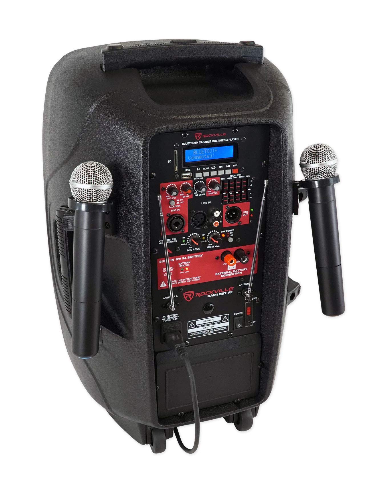 Rockville RAM12BT 12" Rechargeable Powered 600W PA Speaker+2 Mics+Bluetooth+Stand