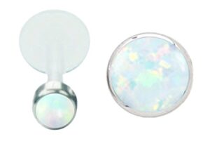 white fire synthetic opal flex flexible bioplastic labret monroe lip tragus piercing bar body jewelry ring 14g, 14 gauge