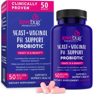 lovebug yeast + vaginal ph support | clinically studied ingredients for yeast & utis | multi strain 50 billion cfu | 30 capsules