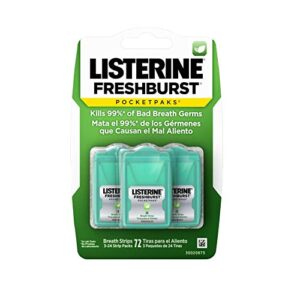 listerine freshburst pocketpaks breath strips, dissolving freshener strips kill 99% of germs that cause bad breath, portable for on-the-go, minty flavor, 3 packs of 24-strips each