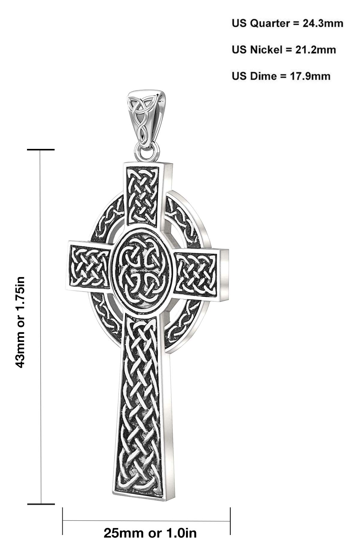 US Jewels New 925 Sterling Silver Irish Celtic Knot Cross Religious Pendant, 43mm