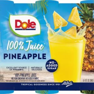 Dole 100% Pineapple Juice, No Added Sugar, Excellent Source of Vitamin C, 100% Fruit Juice, 6 Fl Oz (Pack of 6), Packaging May Vary