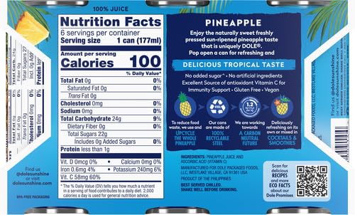 Dole 100% Pineapple Juice, No Added Sugar, Excellent Source of Vitamin C, 100% Fruit Juice, 6 Fl Oz (Pack of 6), Packaging May Vary