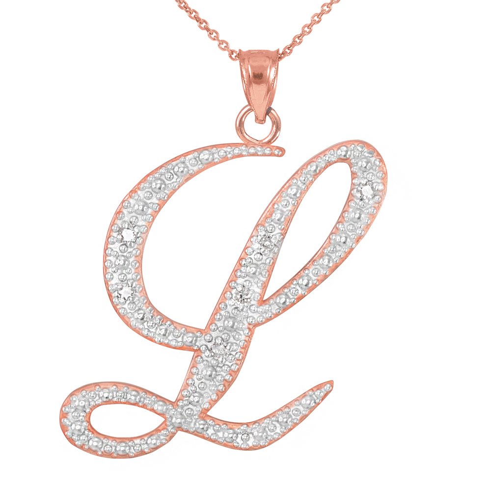 14K Rose Gold Diamond Accented Dangling Cursive Initial L Charm 4/5" Pendant Necklace, 22"