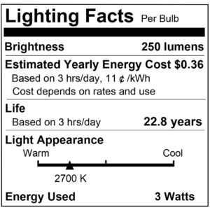 LOHAS 3W LED Light Bulb, G14 LED 25W Equivalent Light, E26 Medium Base Warm White 2700K LED Tiny Bulb, 120V Small Night Light Bulbs for Bedroom Ceiling Fan Table Lamp Lighting, Not-Dim 6 Pack