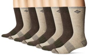 columbia men's 4 pack everyday crew socks, khaki/brown heather, shoe size 6-12