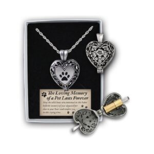 cathedral art in loving memory pet memorial heart locket w/ vial urn for ashes or a keepsake, on 24-inch chain, by abbey & ca gift, silver