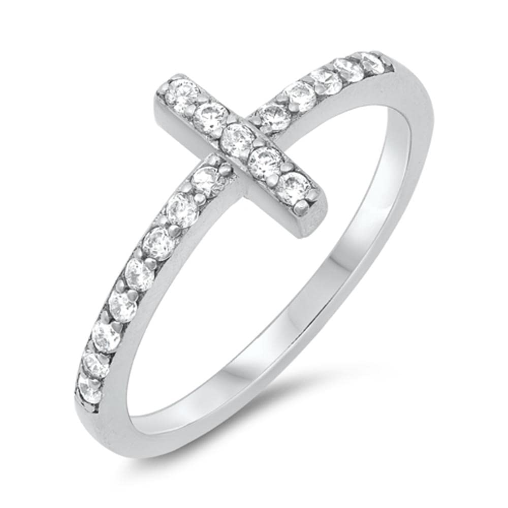 Sideways Cross White CZ Fashion Ring Sterling Silver Christian Band Size 11