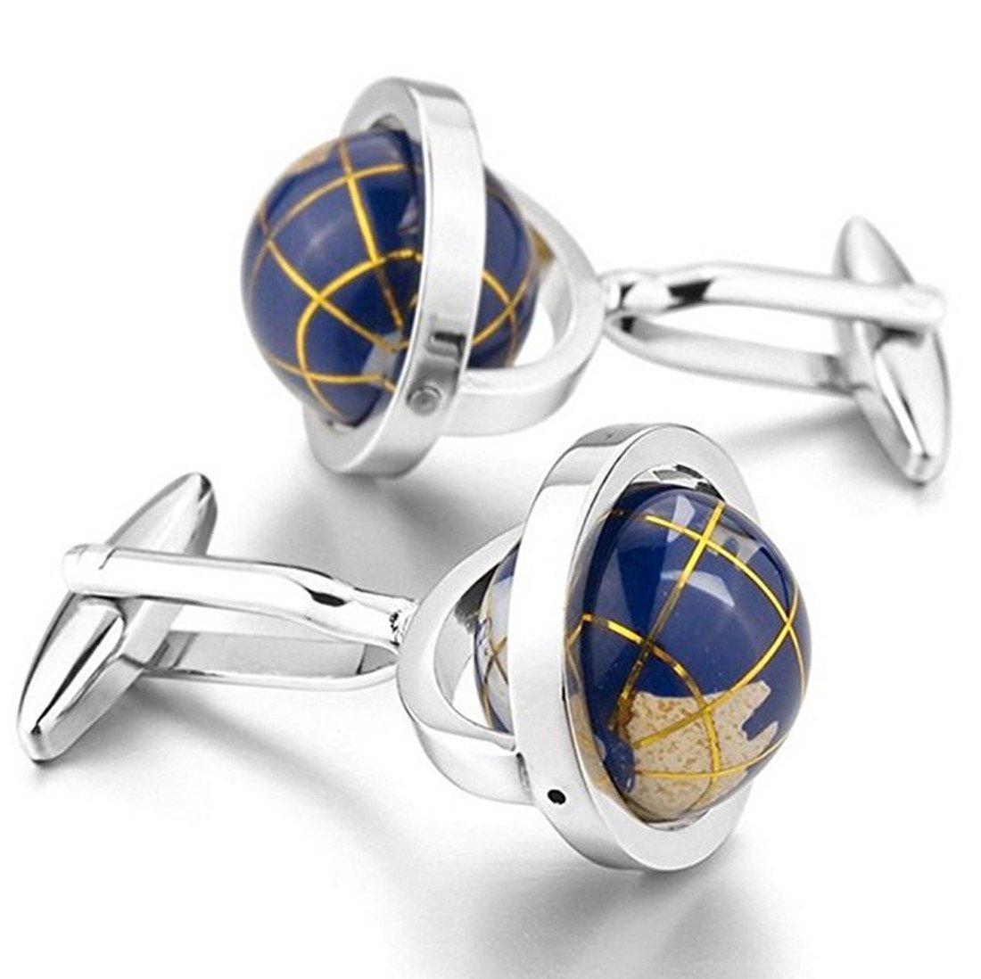 LBFEEL Really Spins Rhodium Plated Blue Globe Earth Cufflinks for Men with a Gift Box