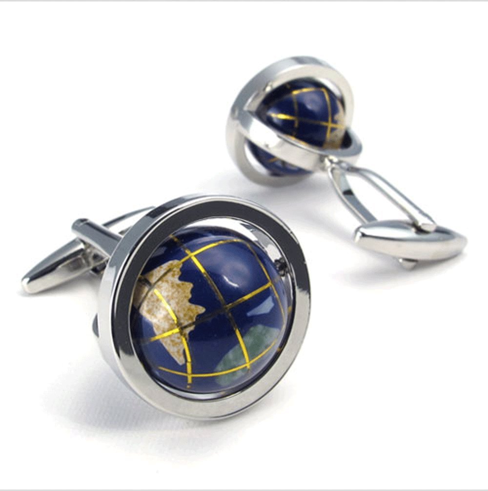 LBFEEL Really Spins Rhodium Plated Blue Globe Earth Cufflinks for Men with a Gift Box