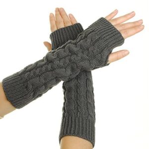 flammi women's cable knit arm warmers fingerless gloves thumb hole gloves mittens (grey)