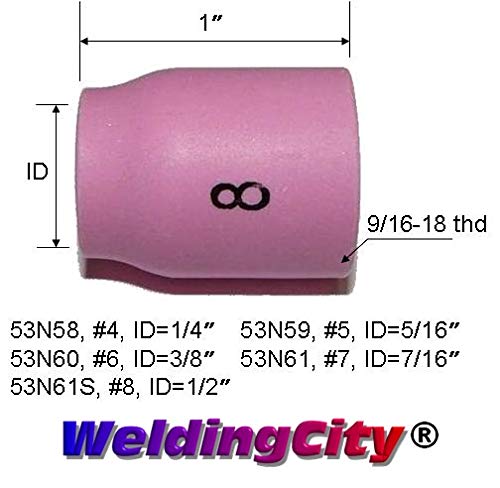 WeldingCity 5-pk Gas Lens Ceramic Cup Alumina 53N61S (#8, 1/2") for TIG Welding Torch 9, 20 and 25 Series from Weldcraft Lincoln Miller ESAB CK