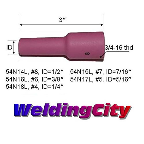 WeldingCity 2-pk LONG Gas Lens Ceramic Cup Alumina 54N14L (#8, 1/2") for TIG Welding Torch 17, 18 and 26 Series from Weldcraft Lincoln Miller ESAB CK