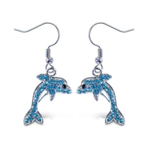 Puzzled Blue Dolphin Fish Hook Earrings, 1.5 Inch Fashionable & Elegant Jewelry Rhinestone Studded Earring For Girls Teens Women Fashion Ear Accessory