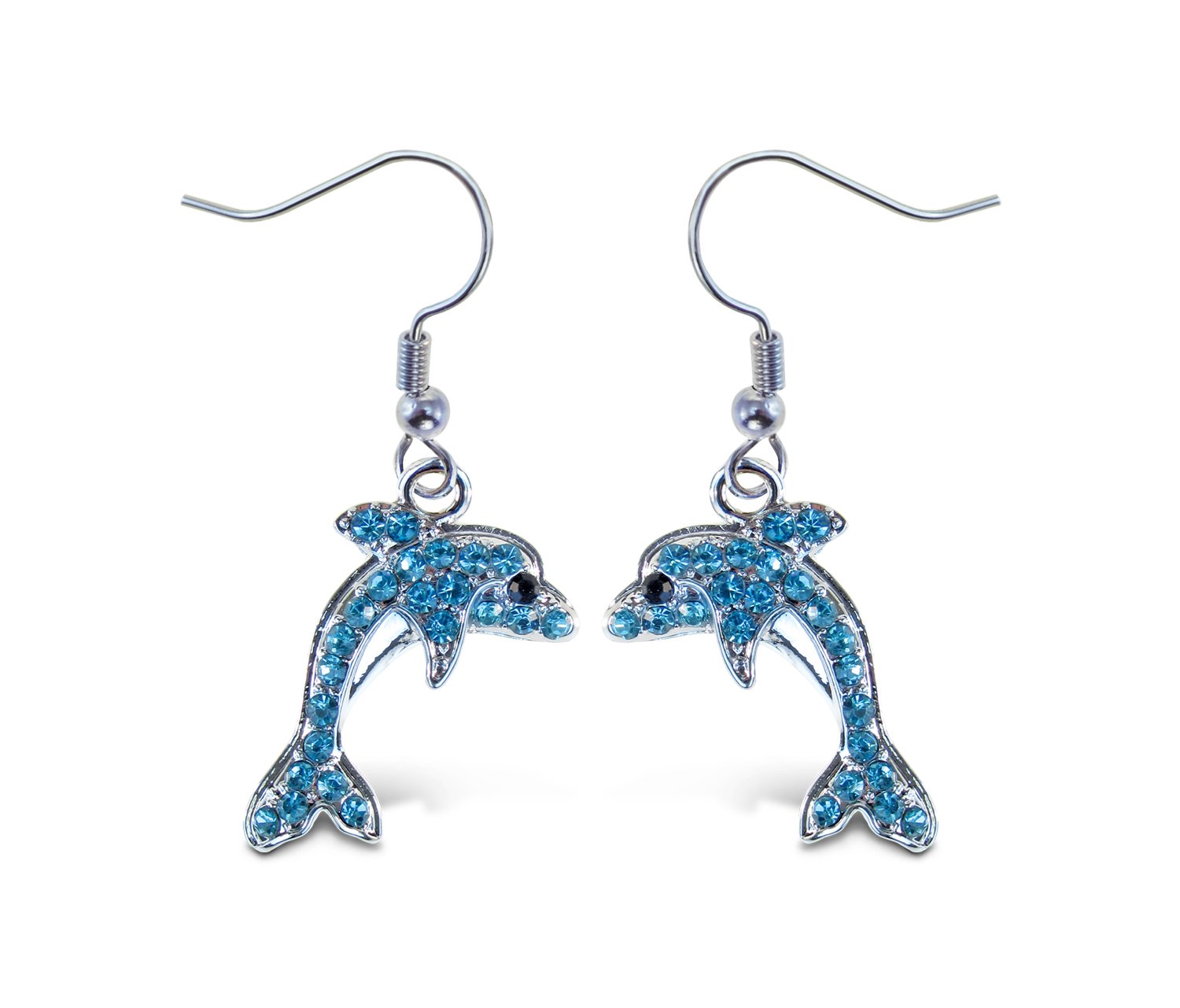 Puzzled Blue Dolphin Fish Hook Earrings, 1.5 Inch Fashionable & Elegant Jewelry Rhinestone Studded Earring For Girls Teens Women Fashion Ear Accessory