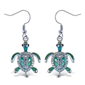 Puzzled Green Sea Turtle Sparkling Earrings - Cute Silver Fish Hook Dangle Earrings Plated in Silver Color with Zinc Alloy Dangling Charm Sparkly Pendant, Elegant Silver Earrings