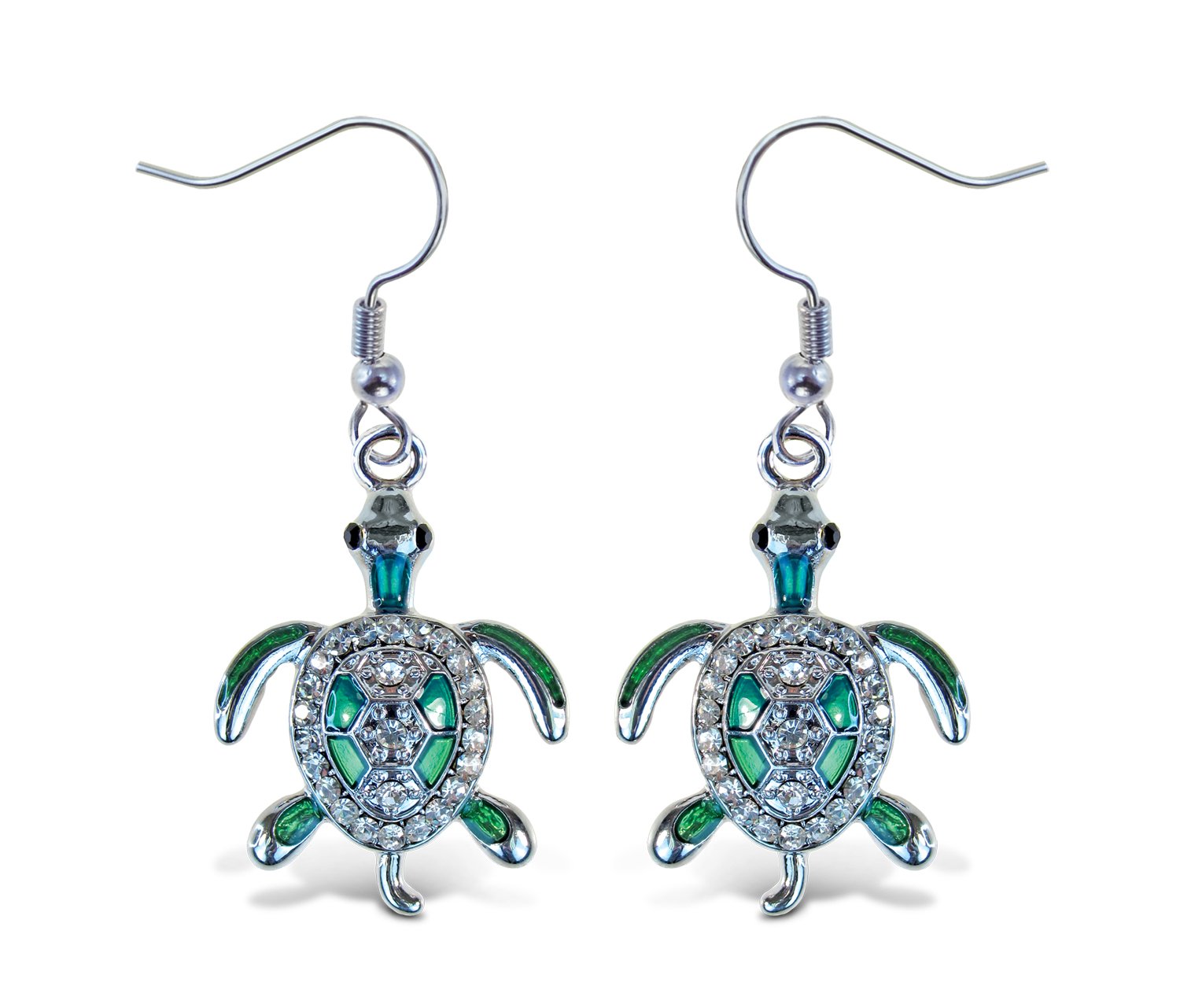 Puzzled Green Sea Turtle Sparkling Earrings - Cute Silver Fish Hook Dangle Earrings Plated in Silver Color with Zinc Alloy Dangling Charm Sparkly Pendant, Elegant Silver Earrings