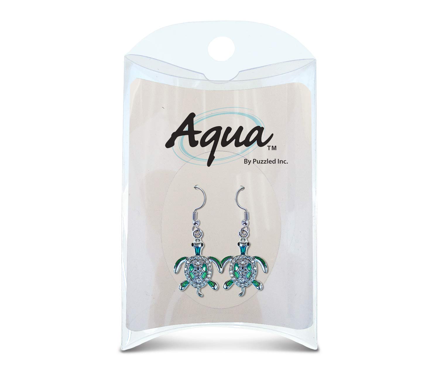 Puzzled Green Sea Turtle Sparkling Earrings - Cute Silver Fish Hook Dangle Earrings Plated in Silver Color with Zinc Alloy Dangling Charm Sparkly Pendant, Elegant Silver Earrings