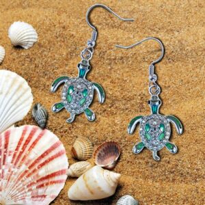 Puzzled Green Sea Turtle Sparkling Earrings - Cute Silver Fish Hook Dangle Earrings Plated in Silver Color with Zinc Alloy Dangling Charm Sparkly Pendant, Elegant Silver Earrings