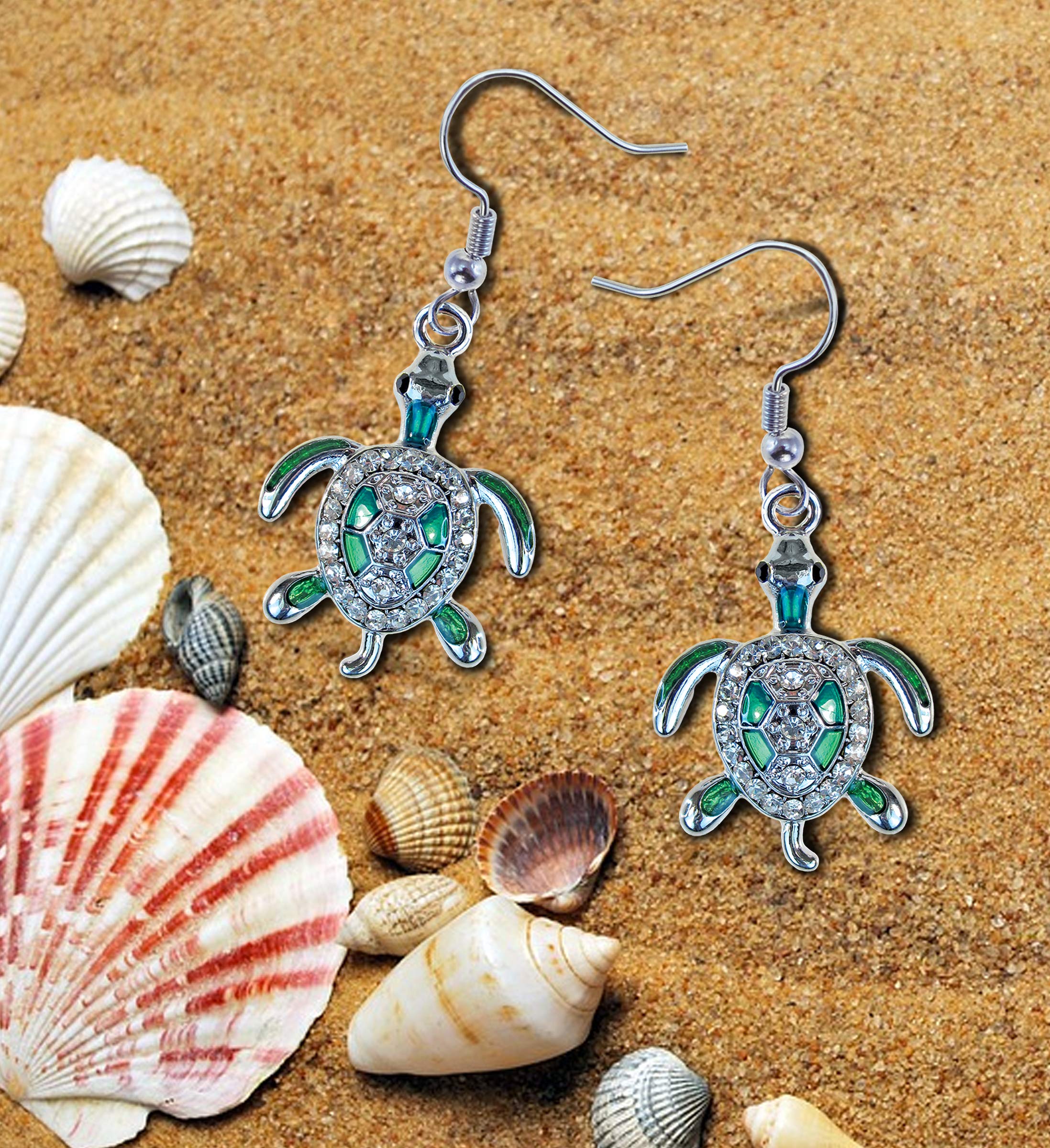 Puzzled Green Sea Turtle Sparkling Earrings - Cute Silver Fish Hook Dangle Earrings Plated in Silver Color with Zinc Alloy Dangling Charm Sparkly Pendant, Elegant Silver Earrings