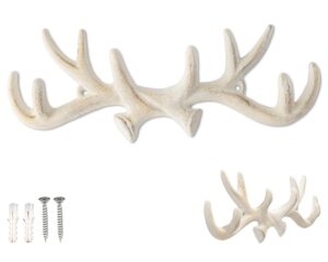 comfify vintage cast iron deer antlers wall mounted hooks | antique finish metal clothes hanger rack w/hooks | includes screws and anchors | in antique white