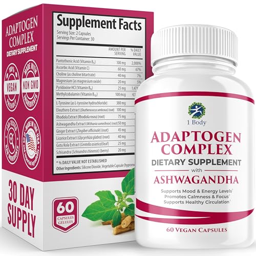 1 Body Ashwagandha Complex Supplement - Adaptogen Formula - Focus and Energy Support Supplement for Men and Women - 60 Vegan Capsules