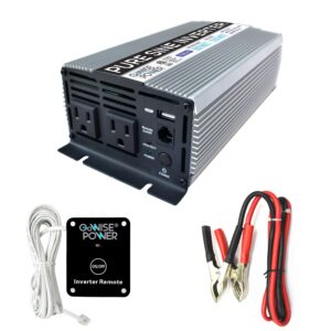 gowise power 600w pure sine wave inverter 12v dc to 115v ac with 2 ac outlets + 1 5v usb port and 2 clamp cables (1200w peak) ps1001