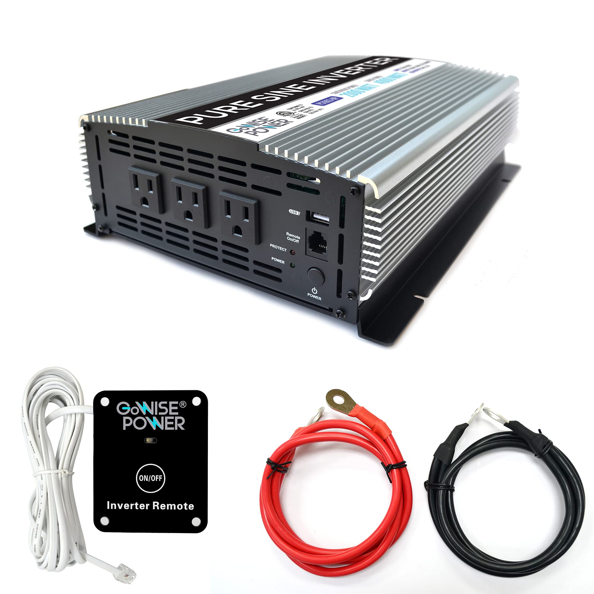 GoWISE Power 2000W Pure Sine Wave Power Inverter 12V DC to 120V AC with 3 AC Outlets + 1 5V USB Port, Remote Switch and 2 Battery Cables (4000W Peak) PS1003, 2021 Version, Grey