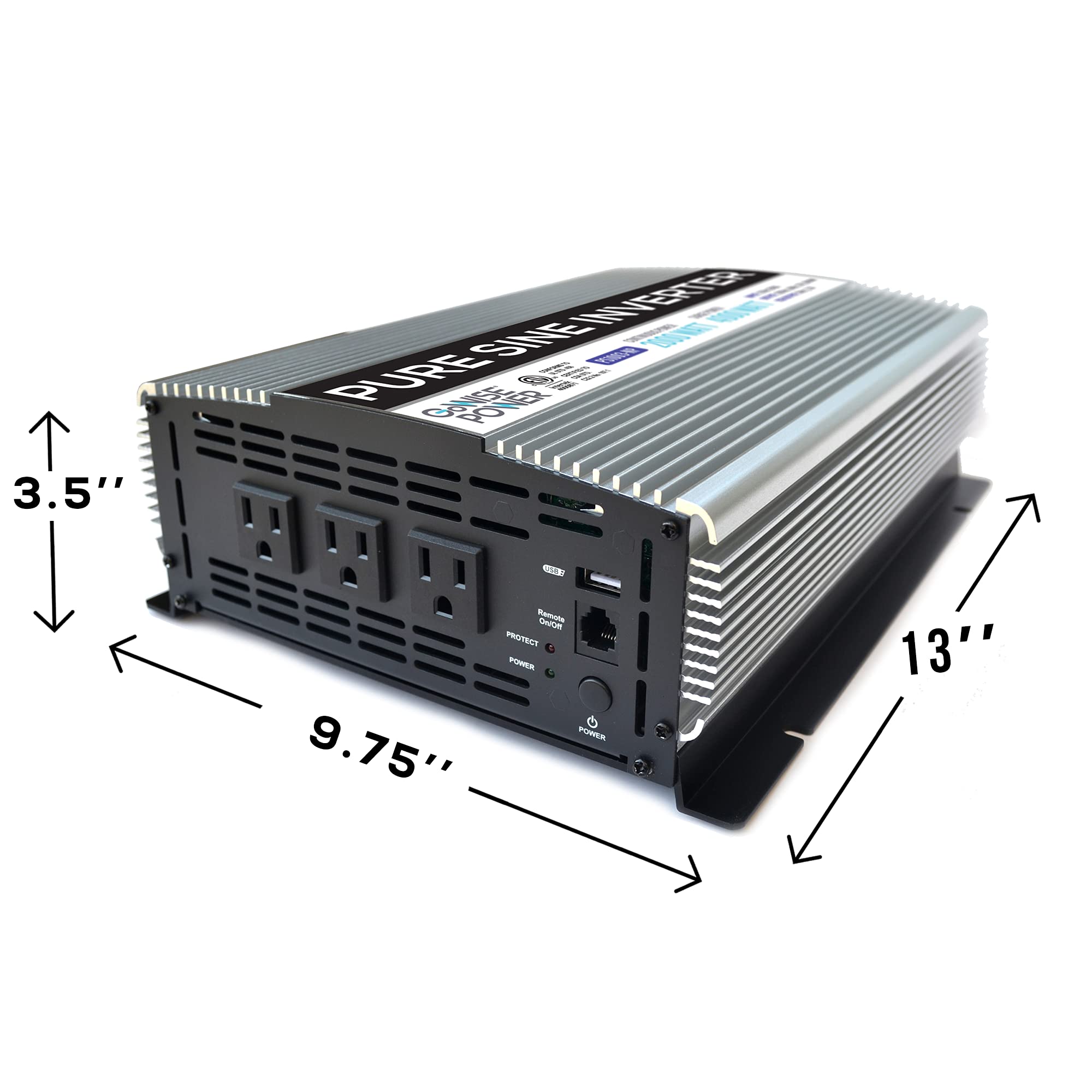 GoWISE Power 2000W Pure Sine Wave Power Inverter 12V DC to 120V AC with 3 AC Outlets + 1 5V USB Port, Remote Switch and 2 Battery Cables (4000W Peak) PS1003, 2021 Version, Grey