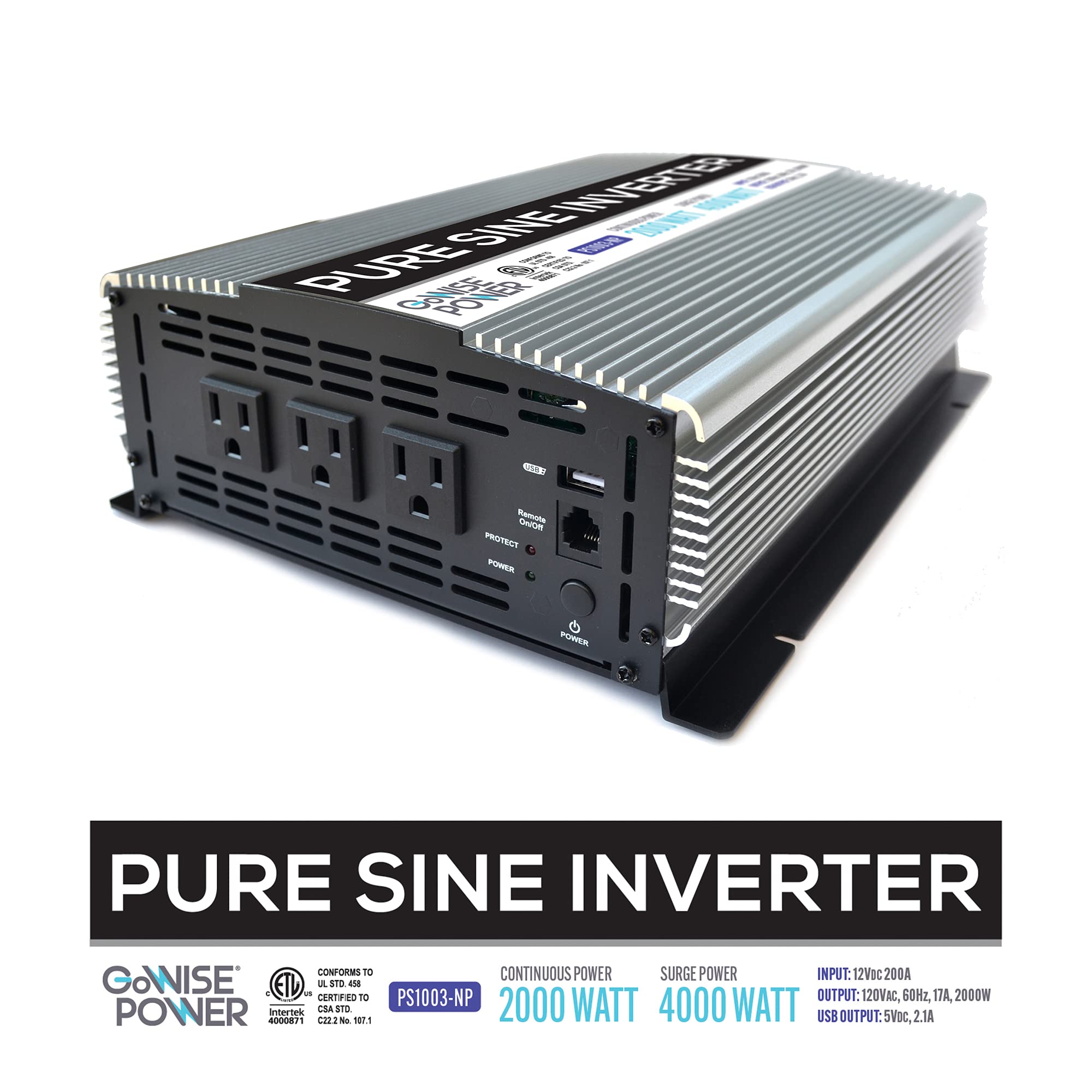 GoWISE Power 2000W Pure Sine Wave Power Inverter 12V DC to 120V AC with 3 AC Outlets + 1 5V USB Port, Remote Switch and 2 Battery Cables (4000W Peak) PS1003, 2021 Version, Grey