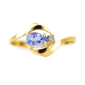 Galaxy Gold GG 14k Solid Yellow Gold Ring with Natural Diamond and Pear-shaped Tanzanite - Size 11