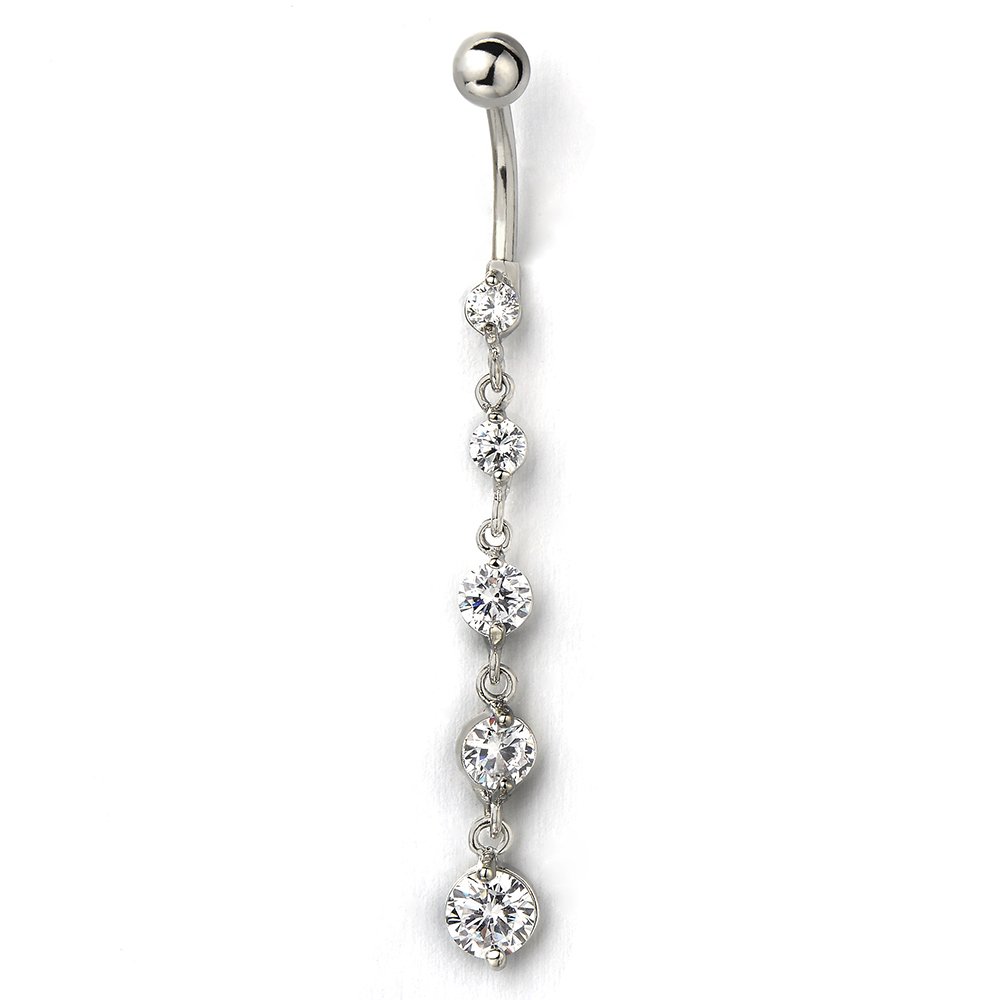 COOLSTEELANDBEYOND Belly Chain Belly Button Ring Body Jewelry Piercing Navel Ring with Long Dangle Cubic Zirconia