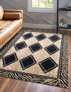 unique loom wildlife collection animal inspired with leopard geometric bordered design area rug, 6 ft x 9 ft, light brown/black