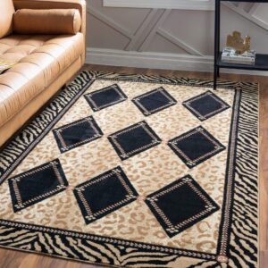 Unique Loom Wildlife Collection Animal Inspired with Leopard Geometric Bordered Design Area Rug, 6 ft x 9 ft, Light Brown/Black