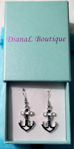 DianaL Boutique Beautiful Silvertone Nautical Anchor Earrings Enameled Gift Boxed Fashion Jewelry