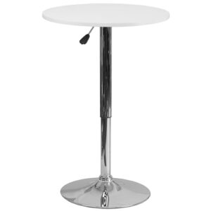 flash furniture pearl 23.75'' round wood dining table with chrome base, narrow round wood cocktail table, adjusts 26.25'' - 35.75"h, white/silver