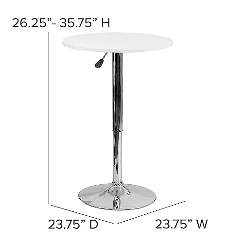 Flash Furniture Pearl 23.75'' Round Wood Dining Table with Chrome Base, Narrow Round Wood Cocktail Table, Adjusts 26.25'' - 35.75"H, White/Silver