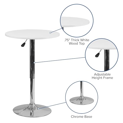 Flash Furniture Pearl 23.75'' Round Wood Dining Table with Chrome Base, Narrow Round Wood Cocktail Table, Adjusts 26.25'' - 35.75"H, White/Silver